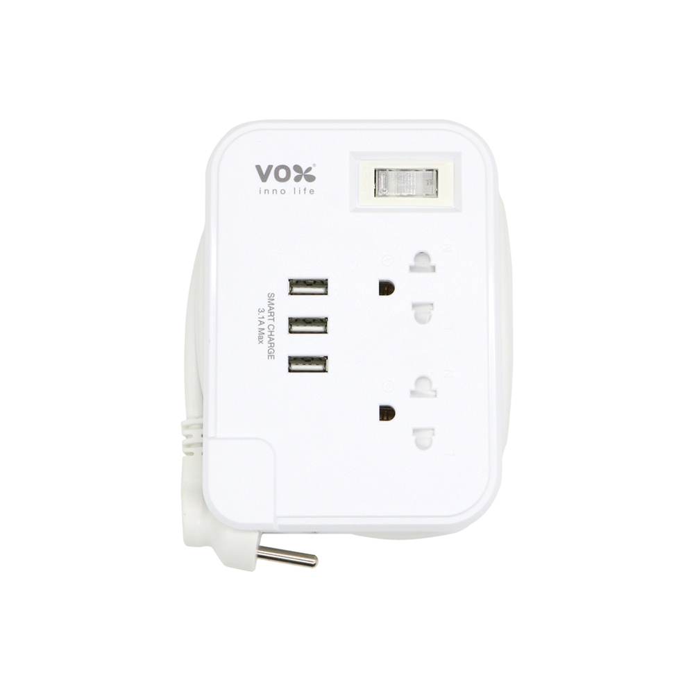 Vox Plug 2 Way 1 Switch 3 USB 1M. Nova White