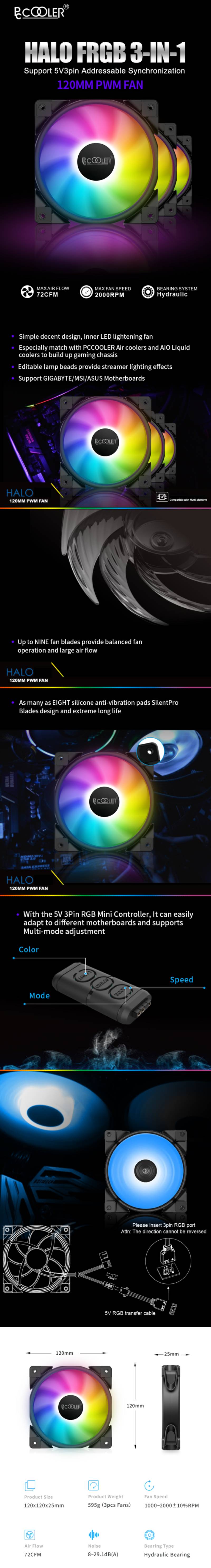 พัดลมระบายความร้อนเคส PC Cooler Fan Halo FRGB 3-in-1