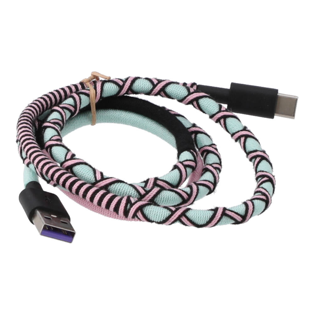 สายชาร์จ QPLUS USB-A to USB-C Cable 3A Braided 1 M. Pink/Mint/Black#8