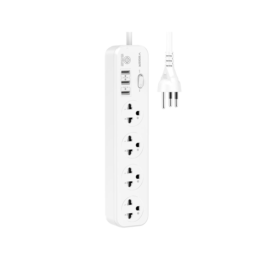 รางปลั๊กไฟฟ้า Veger Plug 4 Way 1 Switch 3 USB 3M. (VPST-3U4-12W) White