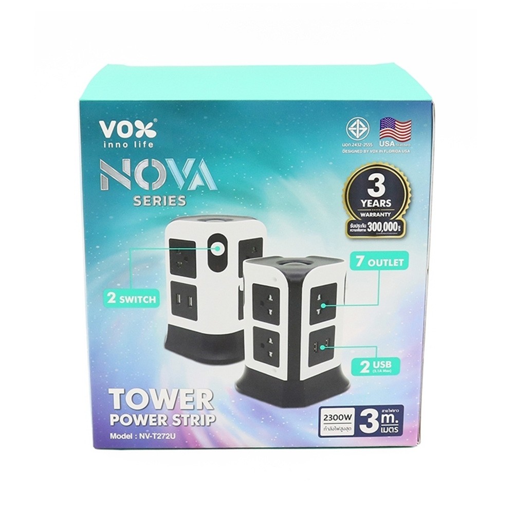 ปลั๊กไฟ Vox Plug Tower 7 Way 2 Switch 2 USB 2 Step 3M. Black/White