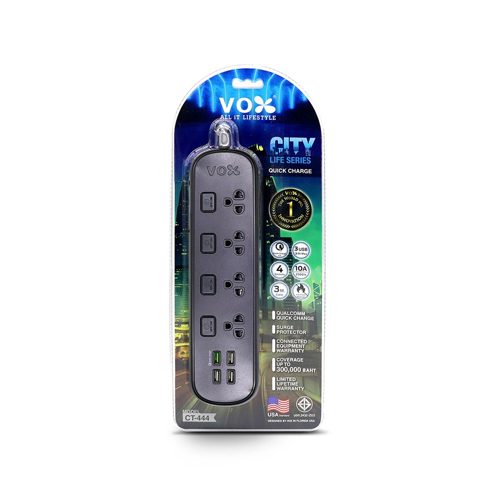 รางปลั๊กไฟ Vox Plug 4 Way 4 Switch 4 USB 3M. City Life CT-444 Gray