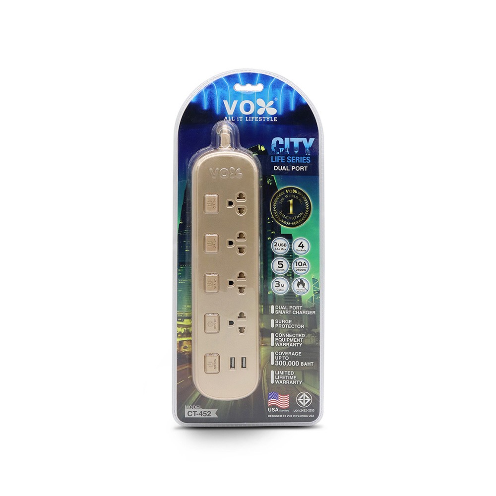 รางปลั๊กไฟ Vox Plug 4 Way 5 Switch 2 USB 3M. City Life CT-452 Gold