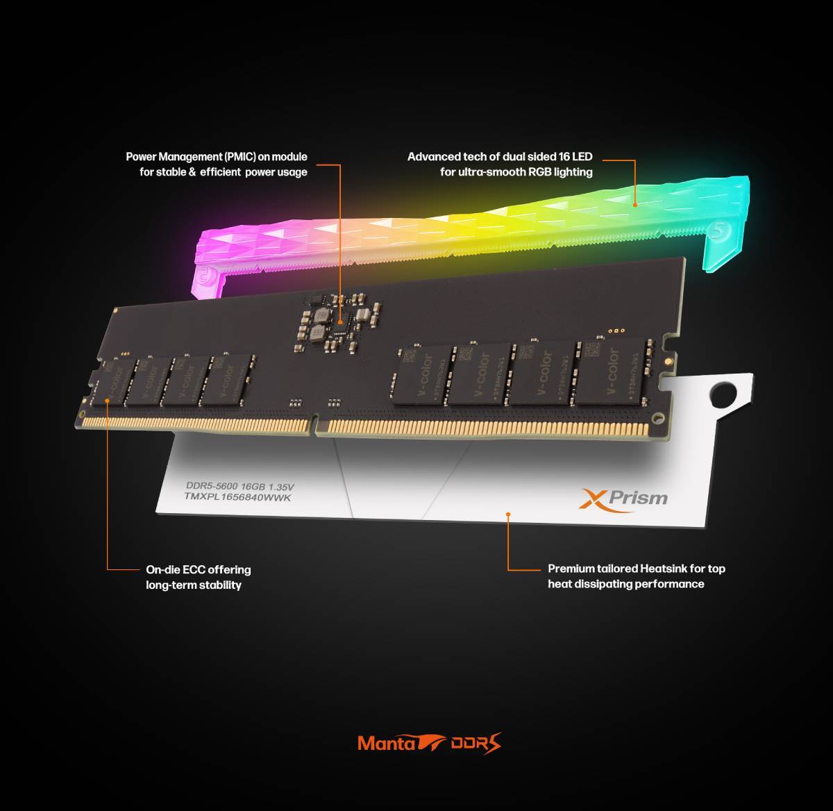 แรมพีซี V-Color Ram PC DDR5 32GB/5600MHz.CL40 (2x16GB) Manta XPrism RGB ...
