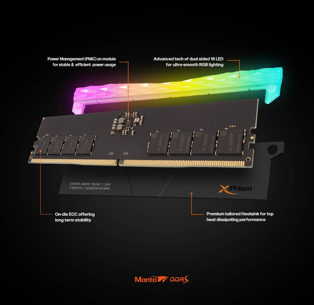 แรมพีซี V-Color Ram PC DDR5 32GB/5600MHz.CL40 (2x16GB) Manta XPrism RGB ...