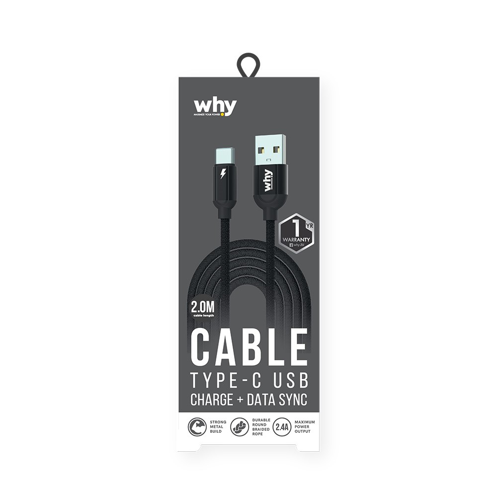 สายชาร์จ WHY USB-A to USB-C Cable Alpha2 UC-1262C 2M. Black