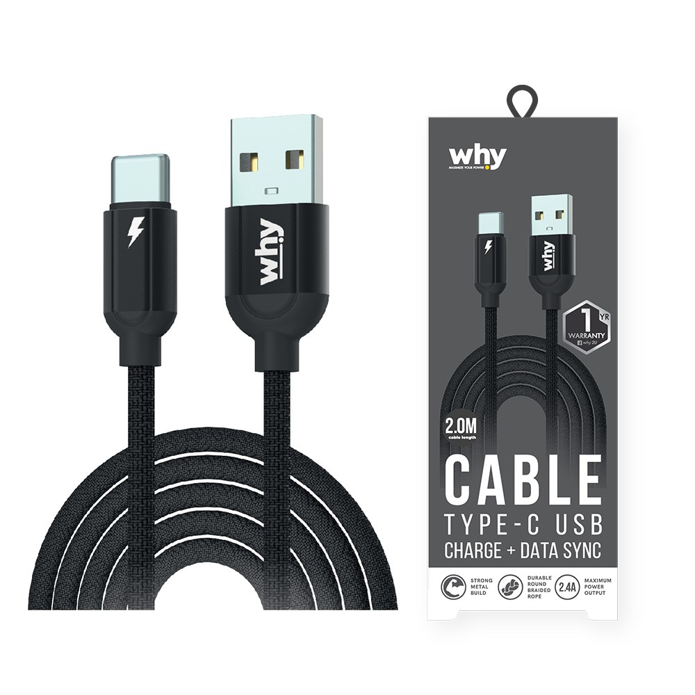 สายชาร์จ WHY USB-A to USB-C Cable Alpha2 UC-1262C 2M. Black