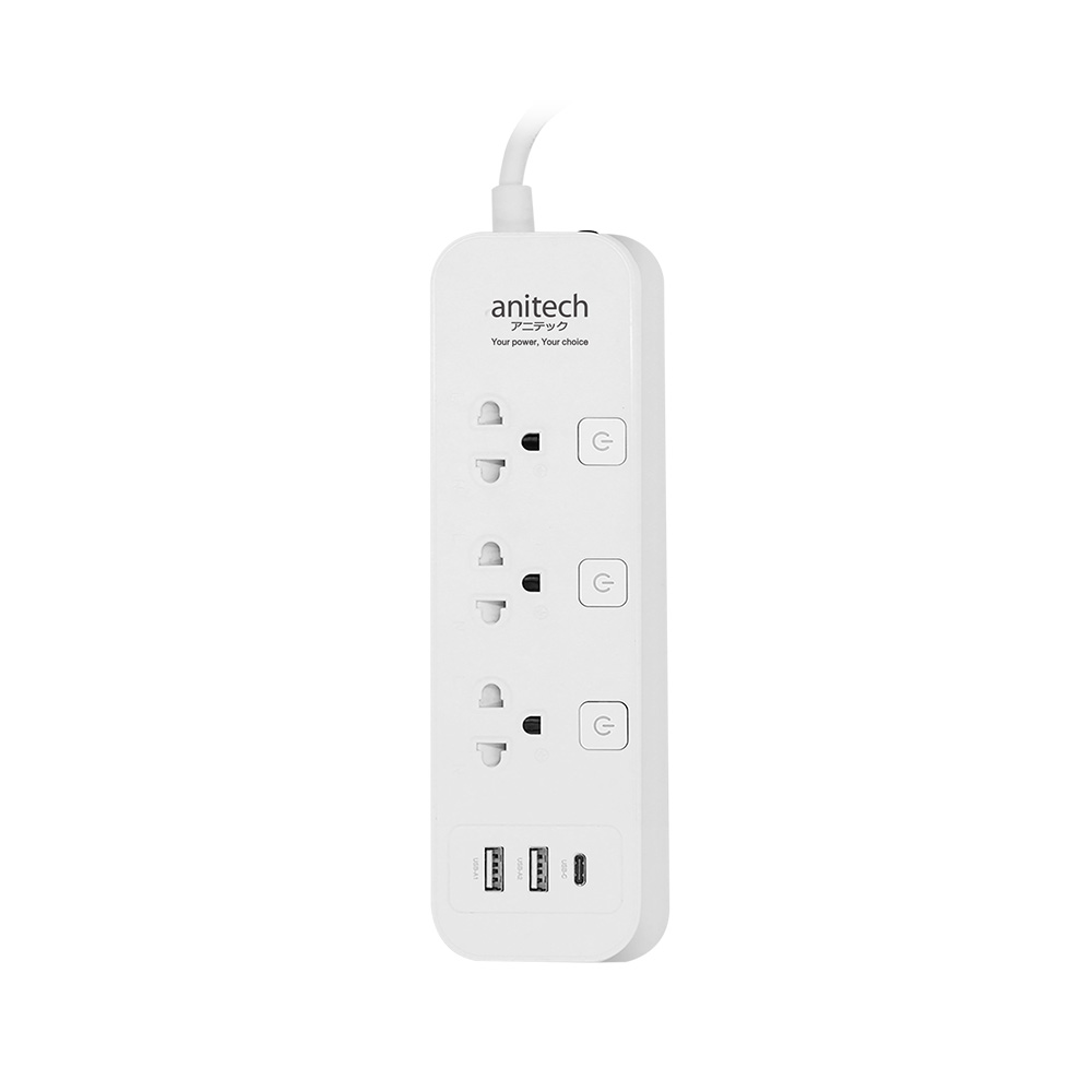 รางปลั๊กไฟ Anitech TIS Plug 3 Way 3 Switch 2xUSB-A, 1xUSB-C 3M. H5333 White