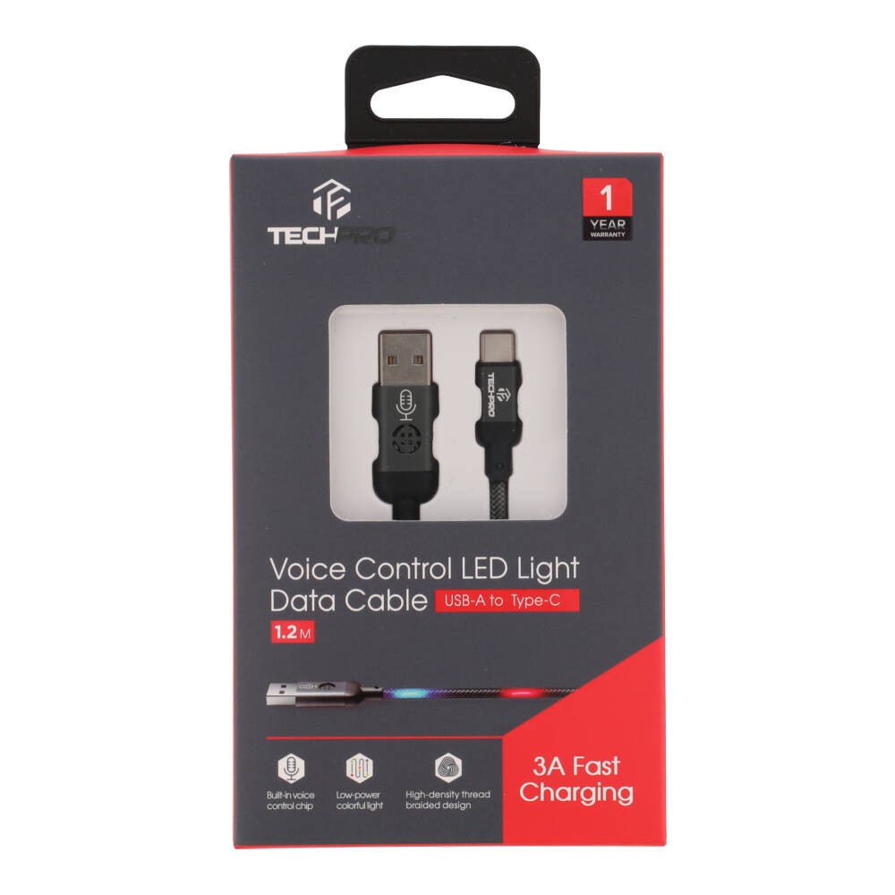 TECHPRO Voice Control LED Light Data Cable USB-A to Type-C(1.2m) - Grey