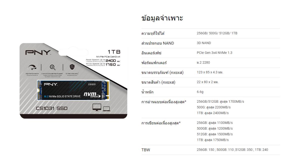 การ์ดเอสเอสดี PNY CS1031 256GB M.2 NVMe/PCIe R1700MB/s W1100MB/s - 5 Year
