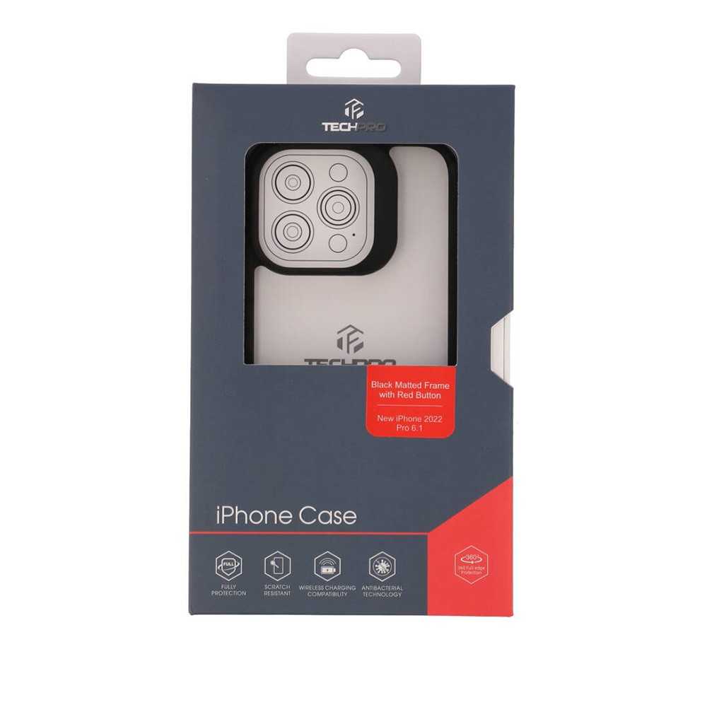 TECHPRO Case iPhone 14 Pro Black Matted Frame with Red Button เคส สำหรับ iPhone 14 Pro รับประกัน ...