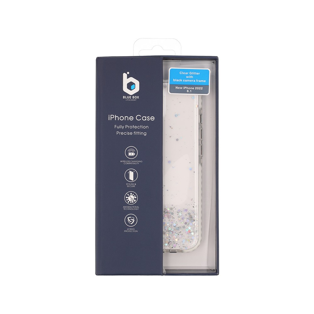Blue Box Case iPhone 14 Max (6.1) Clear Glitter with black camera frame ...