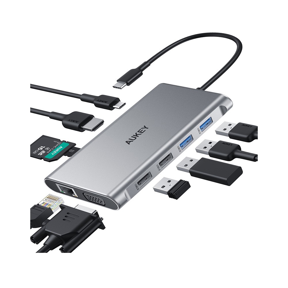 ยูเอสบีฮับ AUKEY CBC89 10 ใน 1 USB C Hub พร้อม 4K HDMI และ VGA Gray