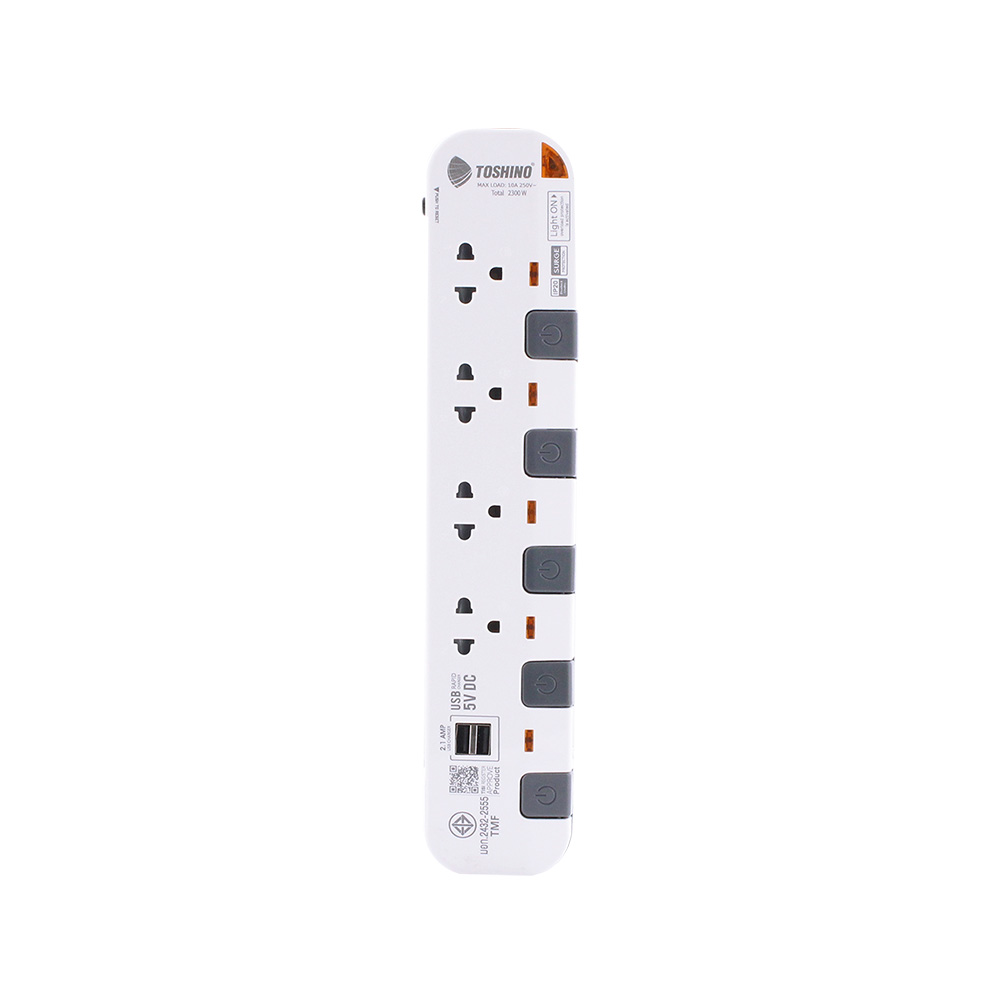 รางปลั๊กไฟ Toshino Plug 4 Way 5 Switch 2 USB (P4375USB-3M WG) White