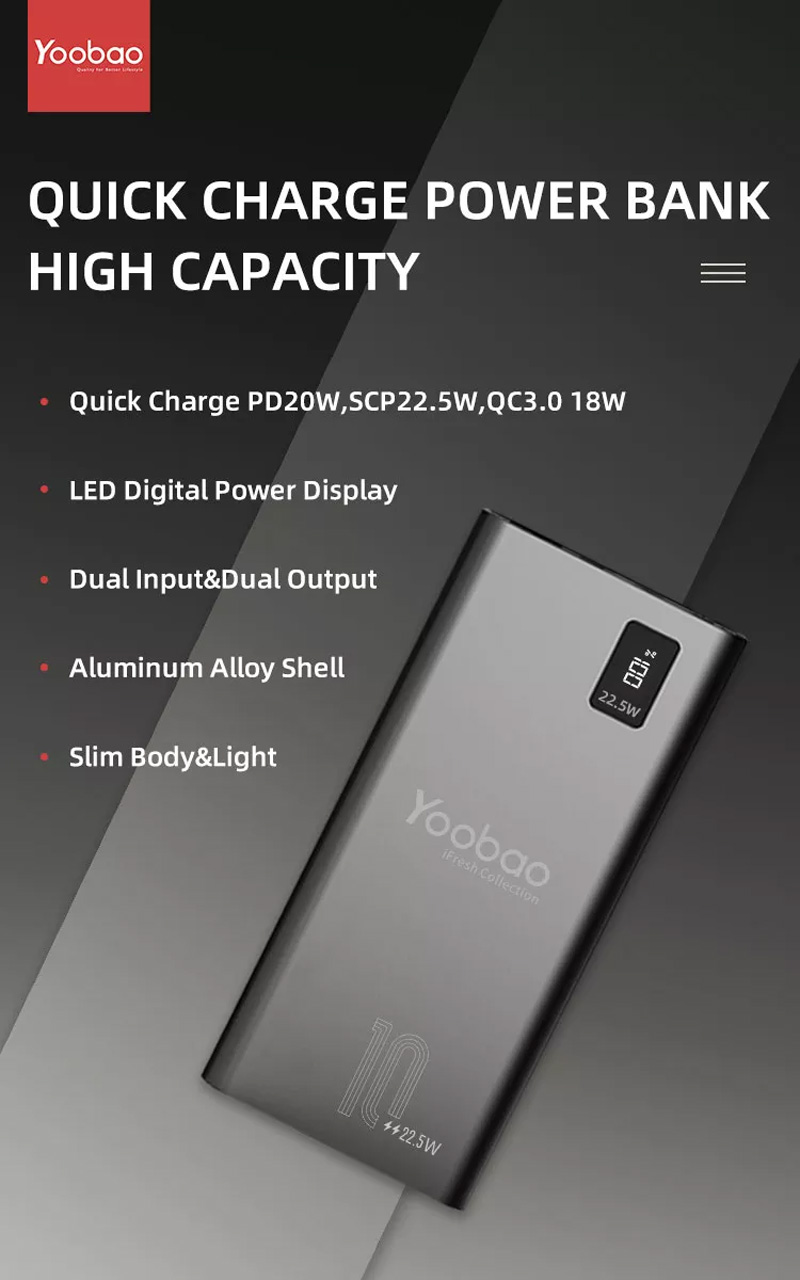 พาวเวอร์แบงค์ Yoobao ความจุ 10,000 mAh PD20W Blue