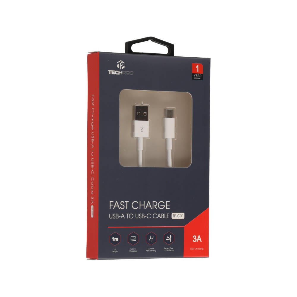 สายชาร์จ TECHPRO USB-A to USB-C 3A Super Fast Charge 1M. TP-C01 White
