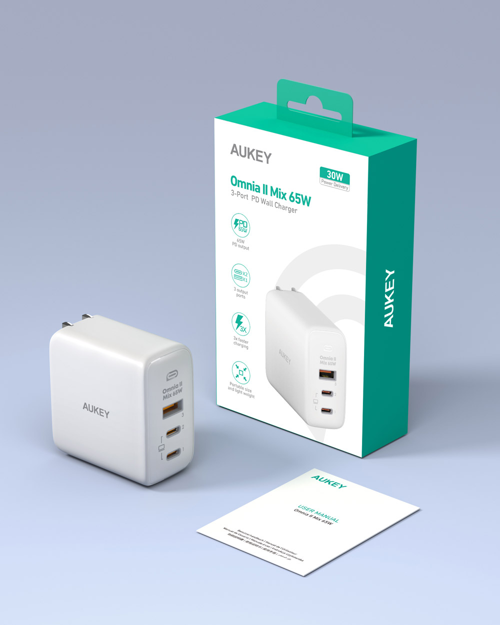 อะแดปเตอร์ AUKEY Wall USB Charger 1 USB-A / 2 USB-C (PD65W) GaN Tech White (PA-B6T WH) | Studio7 ...
