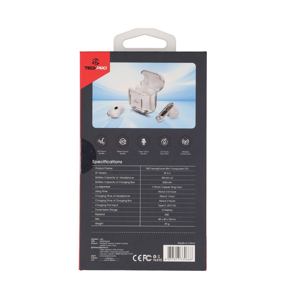 หูฟังไร้สาย TECHPRO Mini TWS Transparent T01 สี White