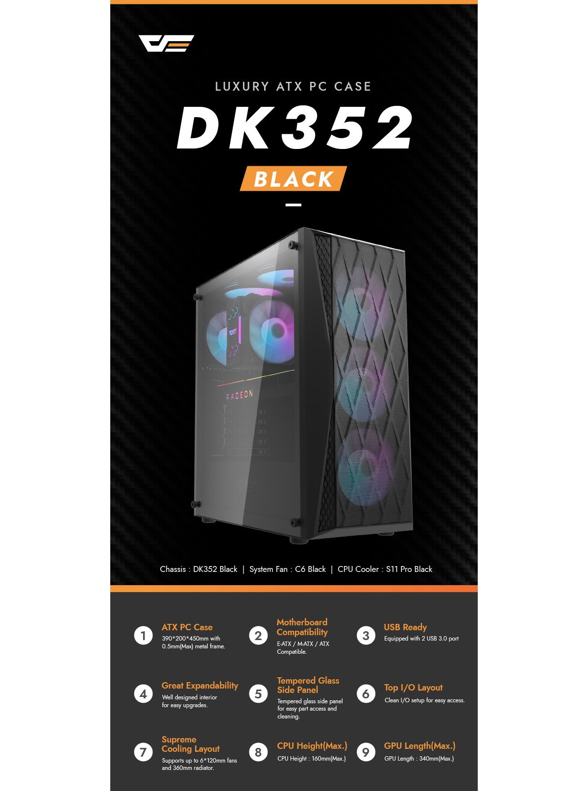 เคสคอมพิวเตอร์ DARKFLASH Computer Case DK352 Black