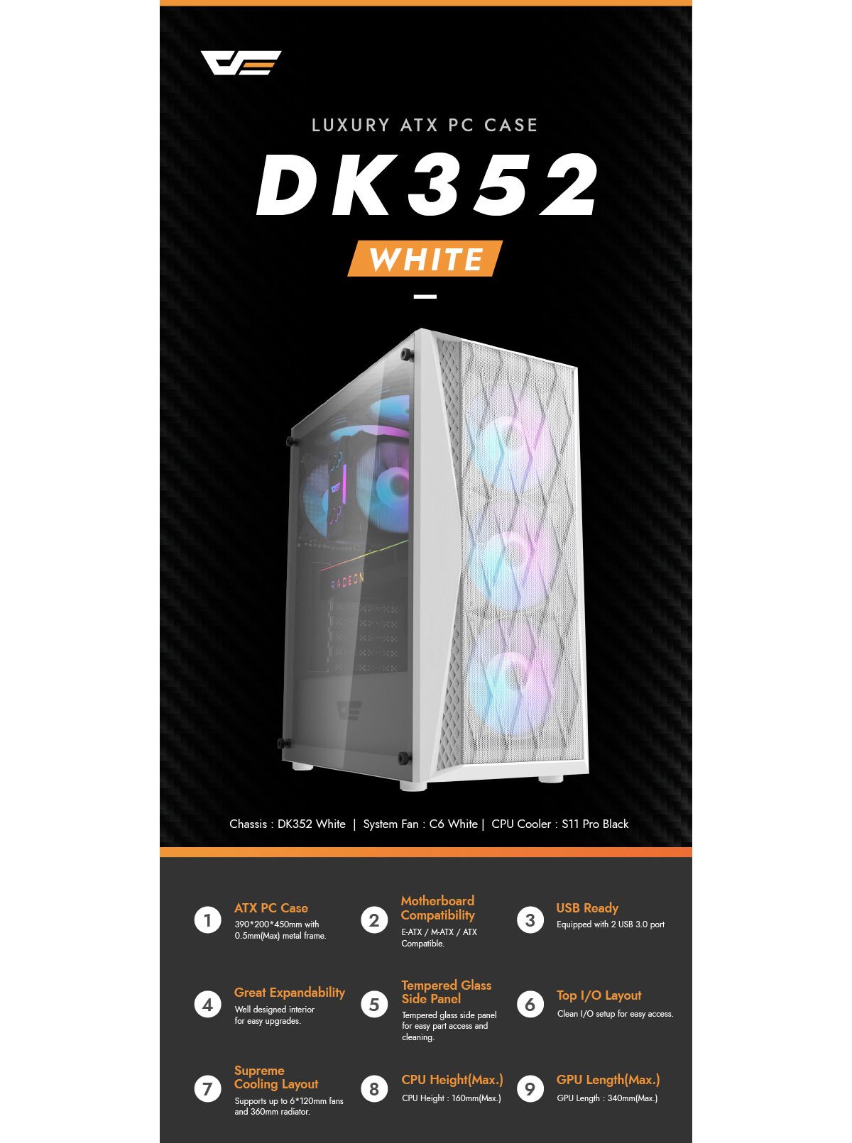 เคสคอมพิวเตอร์ DARKFLASH Computer Case DK352 White