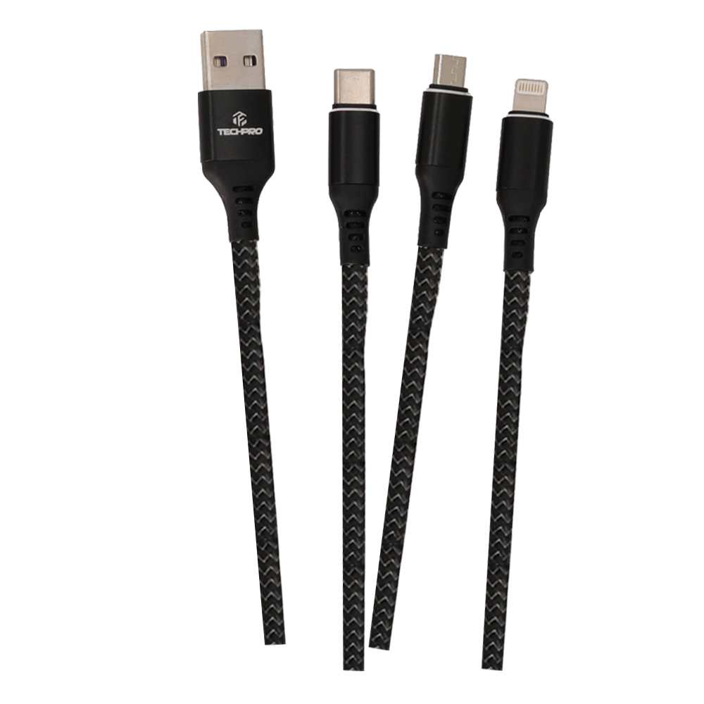 TECHPRO 3-in-1 USB-A to USB-C/Micro/Lightning Cable 3A Charrger & DATA ...