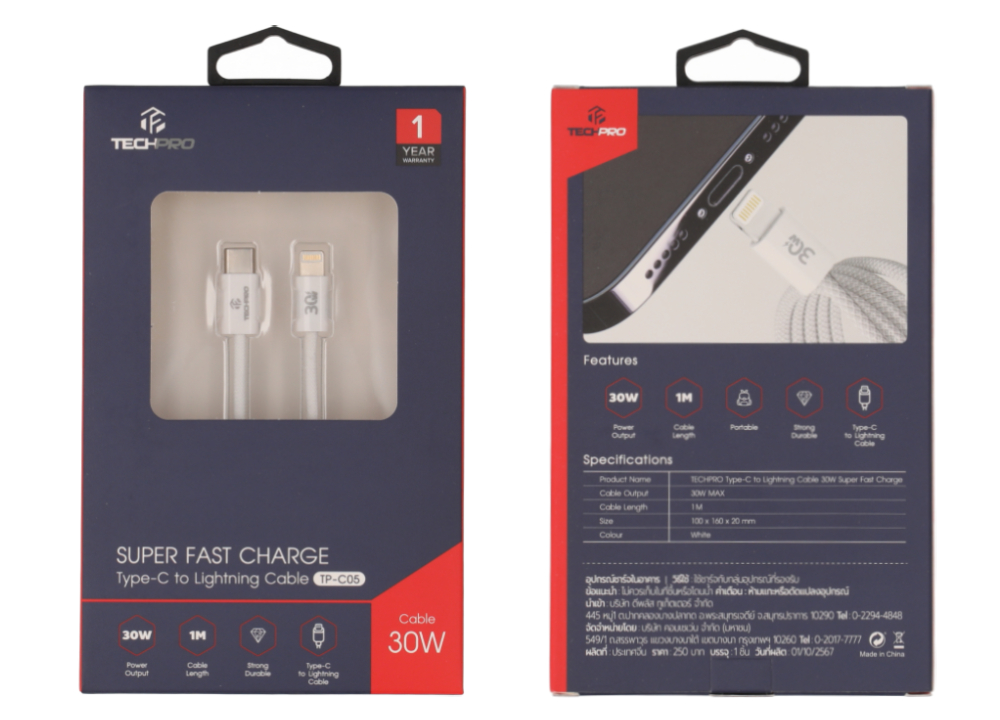 สายชาร์จ TECHPRO USB-C to Lightning 30W 1M TP-C05 | Education Studio7