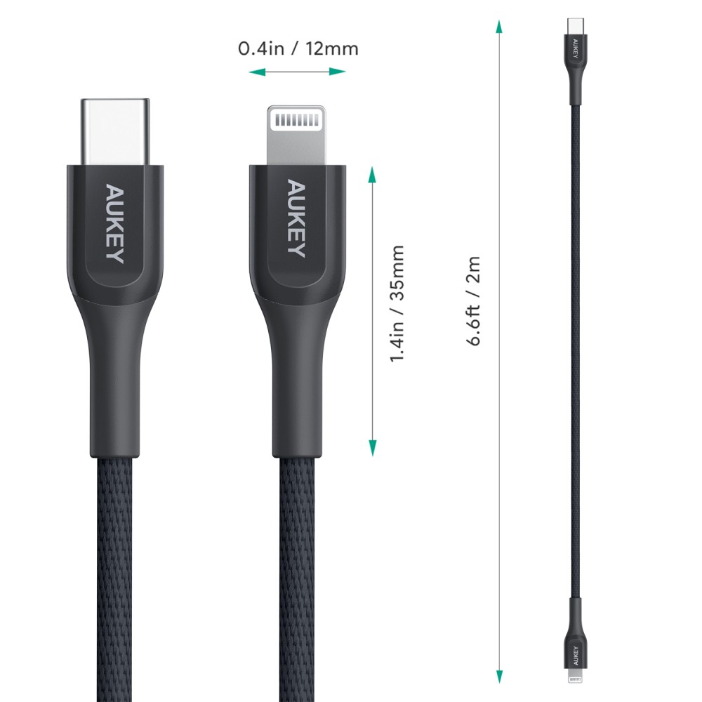 สายชาร์จ AUKEY USB-C to Lightning Cable Kevlar MFI 2M. Black