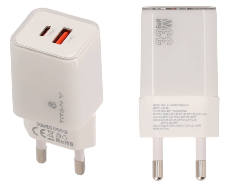 อะแดปเตอร์ TITANV Wall USB Charger 1 USB-A/1 USB-C (PD33W) HyperChare GaN White (TI-WC10)