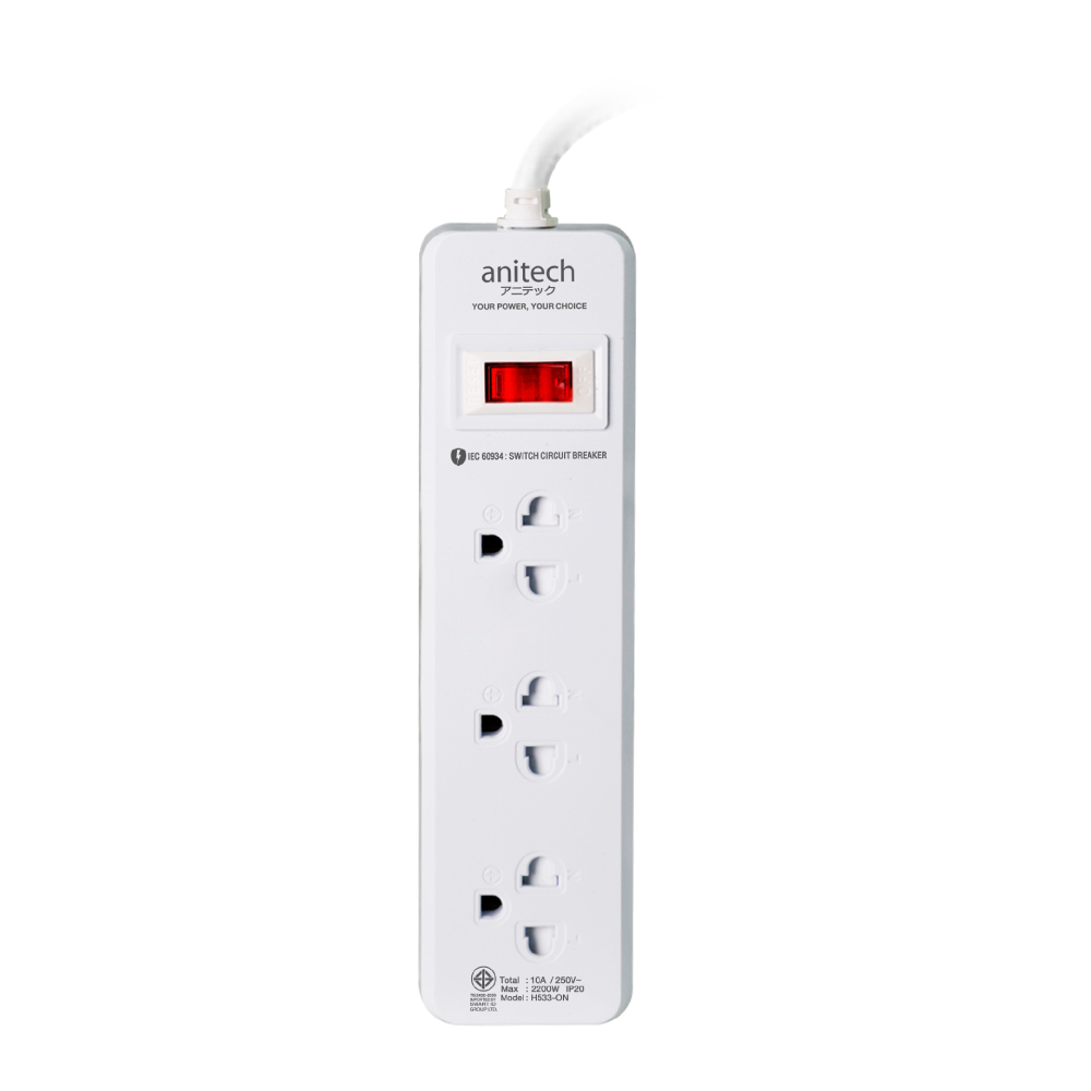 ปลั๊กไฟ Anitech TIS Plug 3 Way 1 Switch 3M. (H533-ON) White