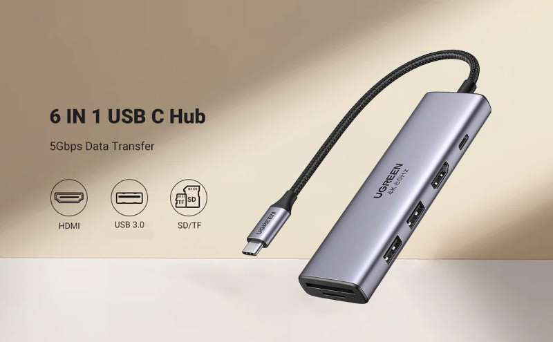Ugreen Port Hub 6-in-1 USB-C to HDMI (4K@60HZ) + 2 USB3.0 + TF/SD ...