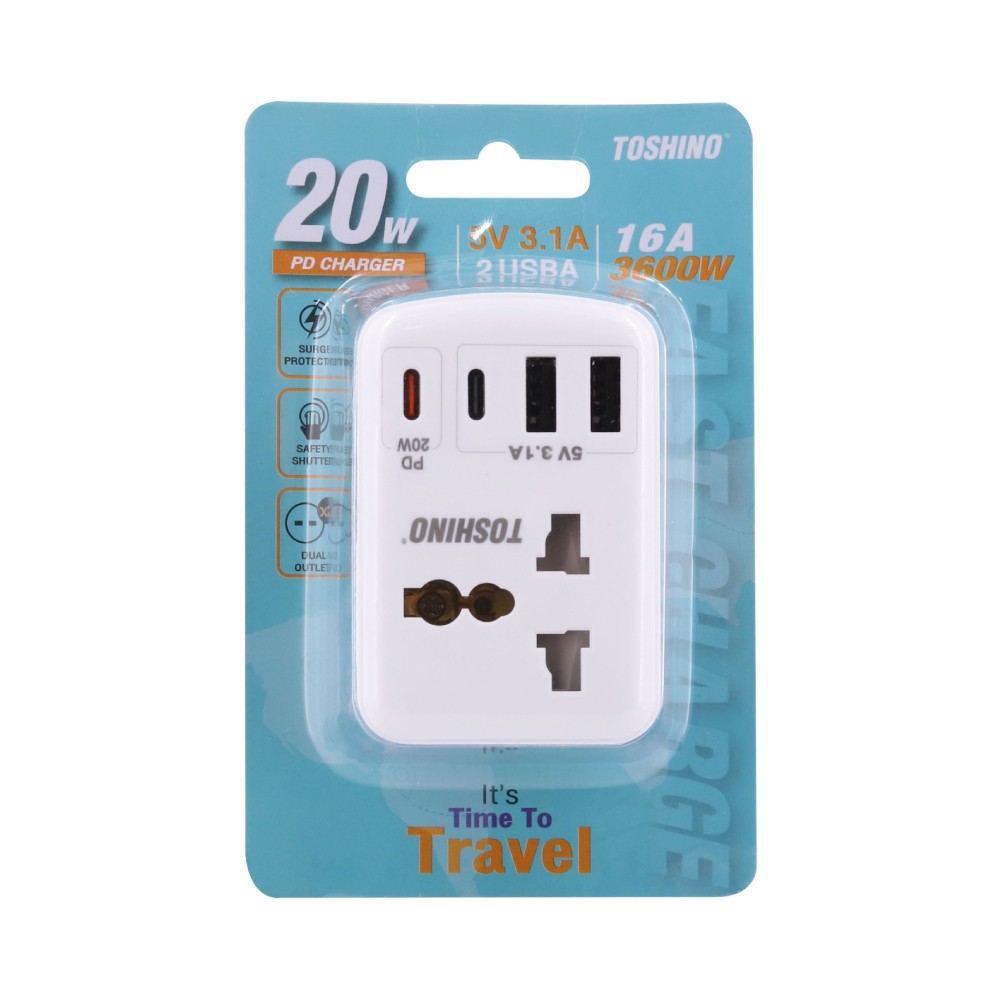 หัวแปลงปลั๊กไฟ Toshino Adapter 3P + 2 USB + 2 Type-C 3600W
