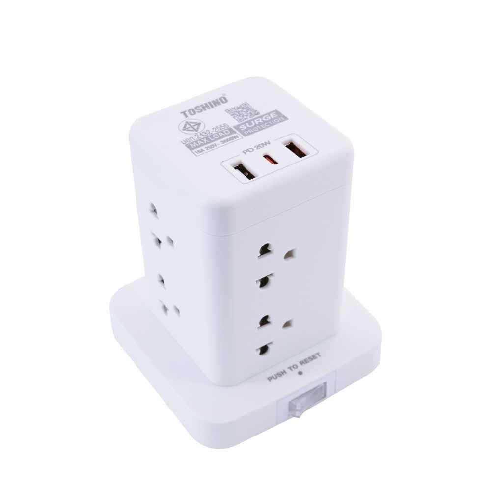 ปลั๊กไฟ Toshino TIS Tower 8 Sockets 16A 3600W PD+QC 20W White
