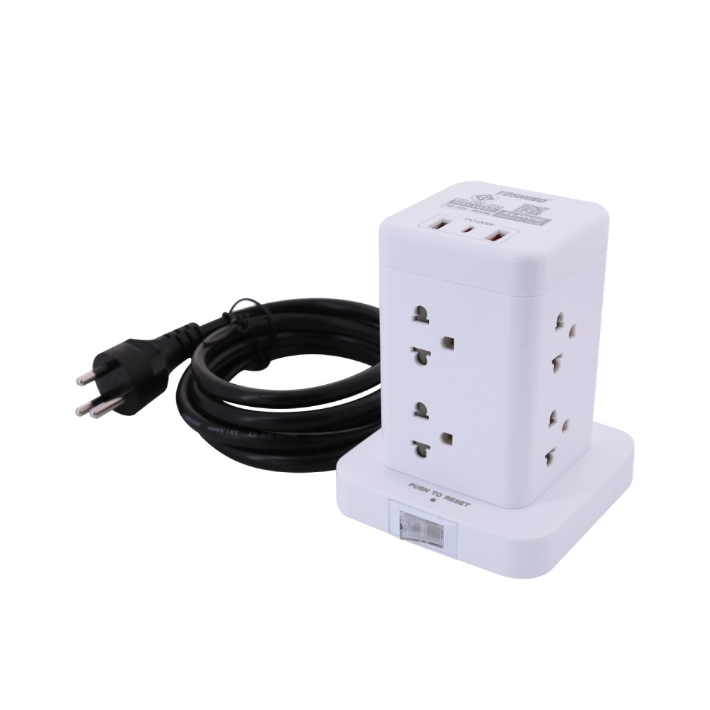 ปลั๊กไฟ Toshino TIS Tower 8 Sockets 16A 3600W PD+QC 20W White