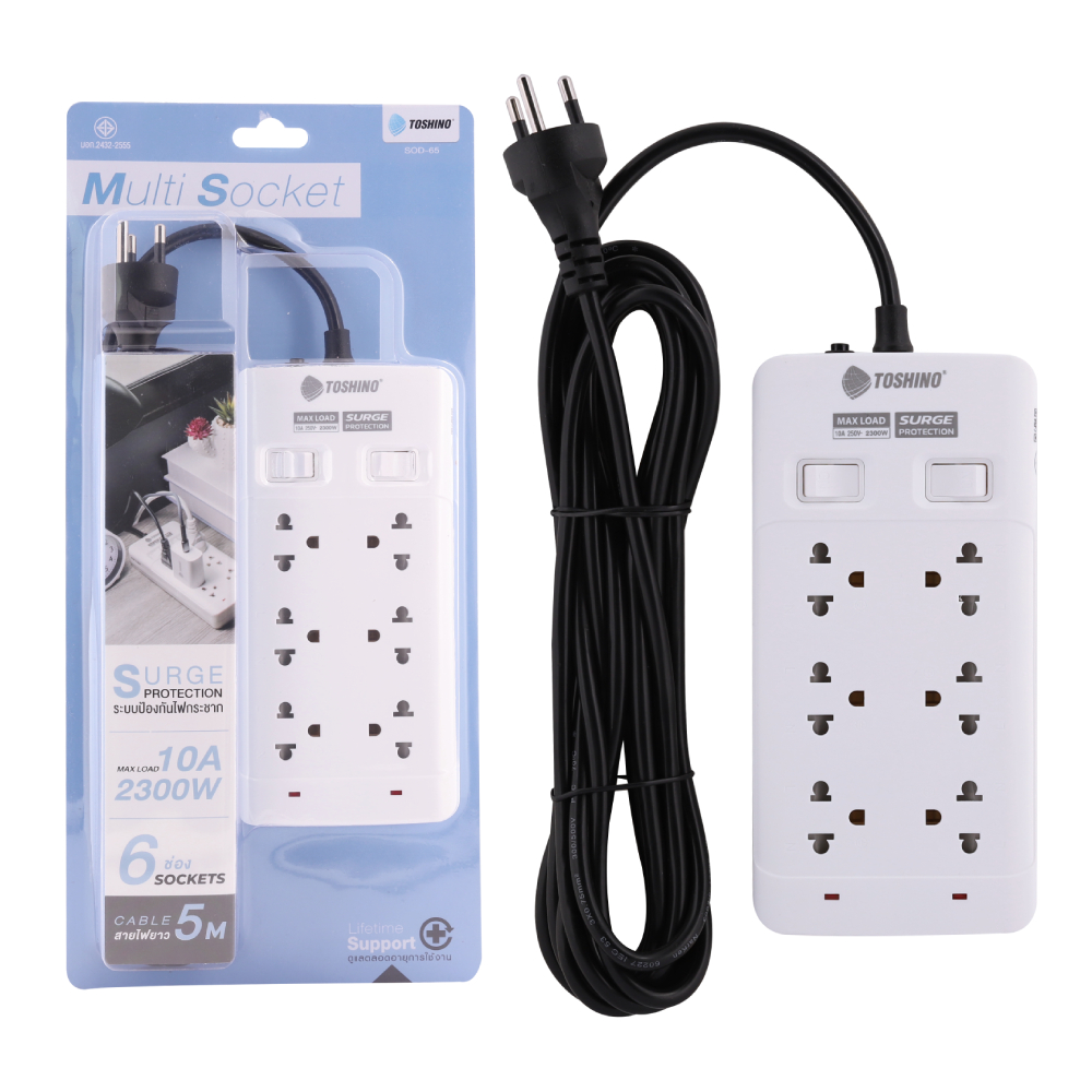 ปลั๊กไฟ Toshino TIS Plug 6 Way 2 Switch 5M. (SOD-65) White | Education Studio7