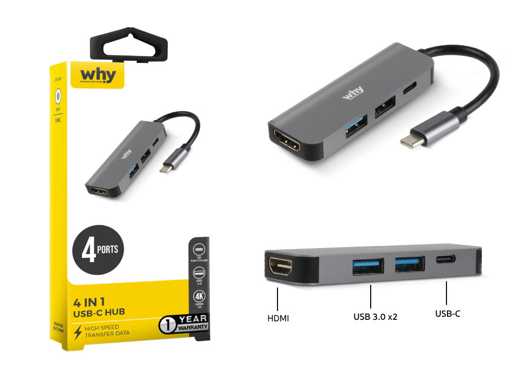 วาย Port Hub 4-in-1 USB Type-C (HDMI/USB-A/USB-C) รุ่น HB-1011 สีเทา ...