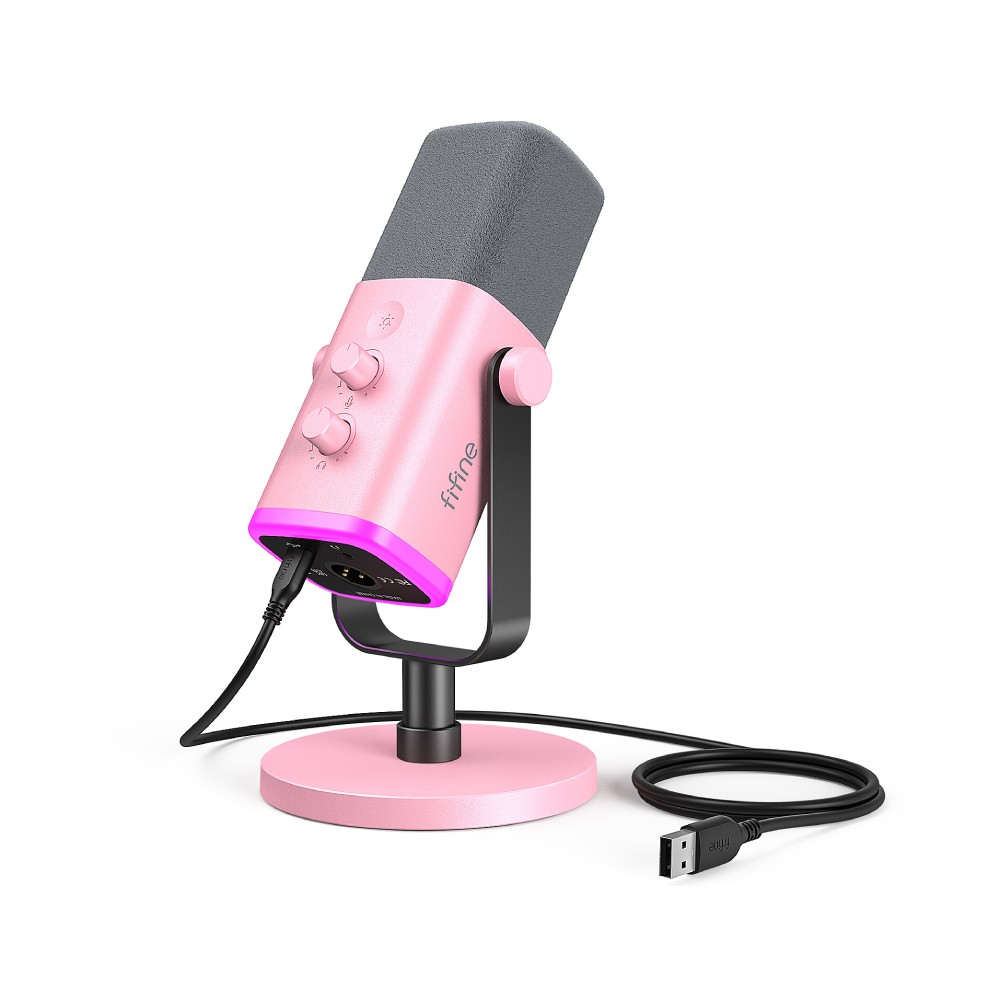 ไมโครโฟน Fifine AM8P USB Dynamic Mic BasedStand RGB Pink