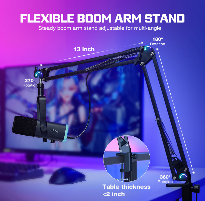 ไมโครโฟน Fifine AM8T Dynamic Mic Boom Arm Stand RGB Black
