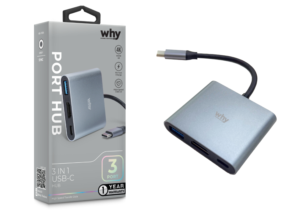 วาย Port Hub 3-in-1 USB Type-C HDMI/USB-A/USB-C รุ่น HB-1056 สีเทา ...