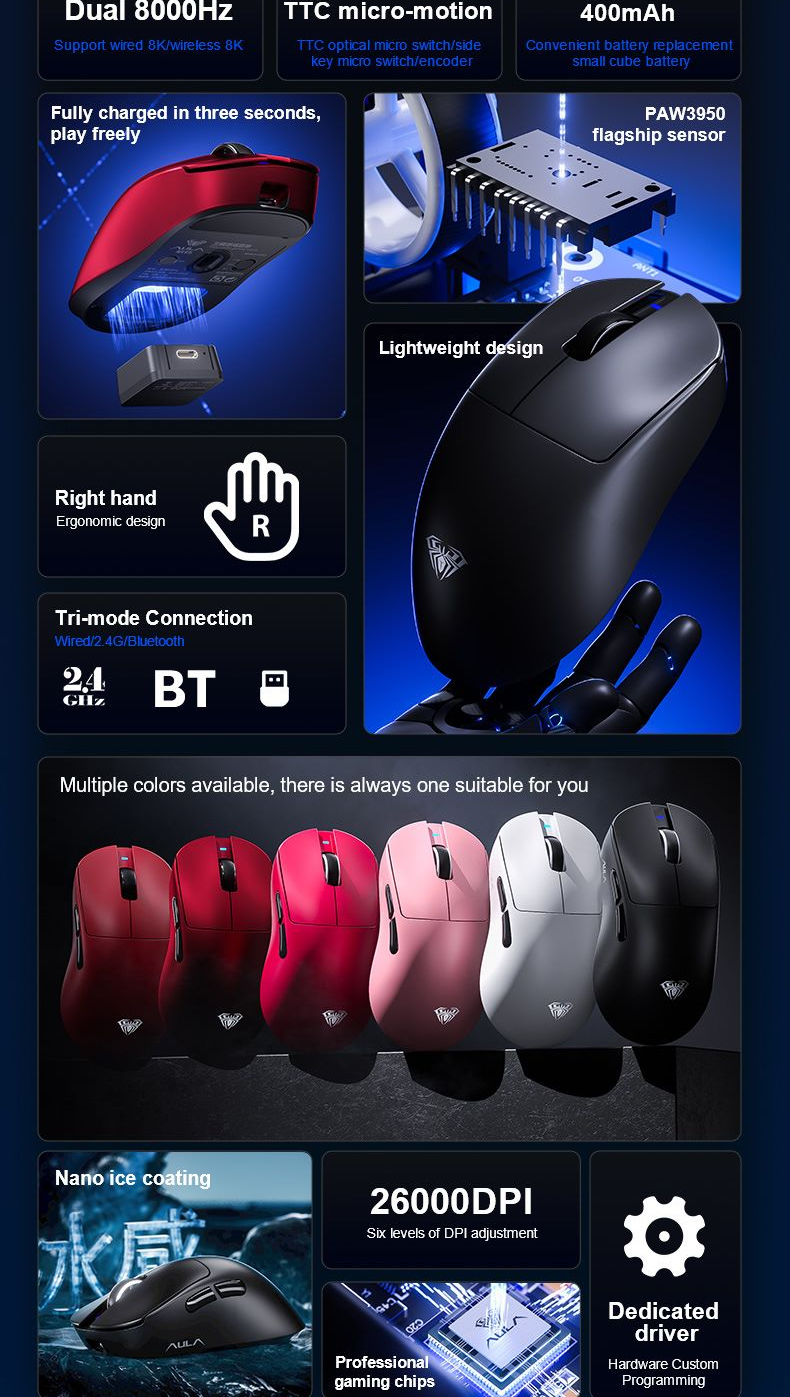 เมาส์เกมมิ่ง AULA SC900 Max Red 30,000 DPI 8000Hz Wireless