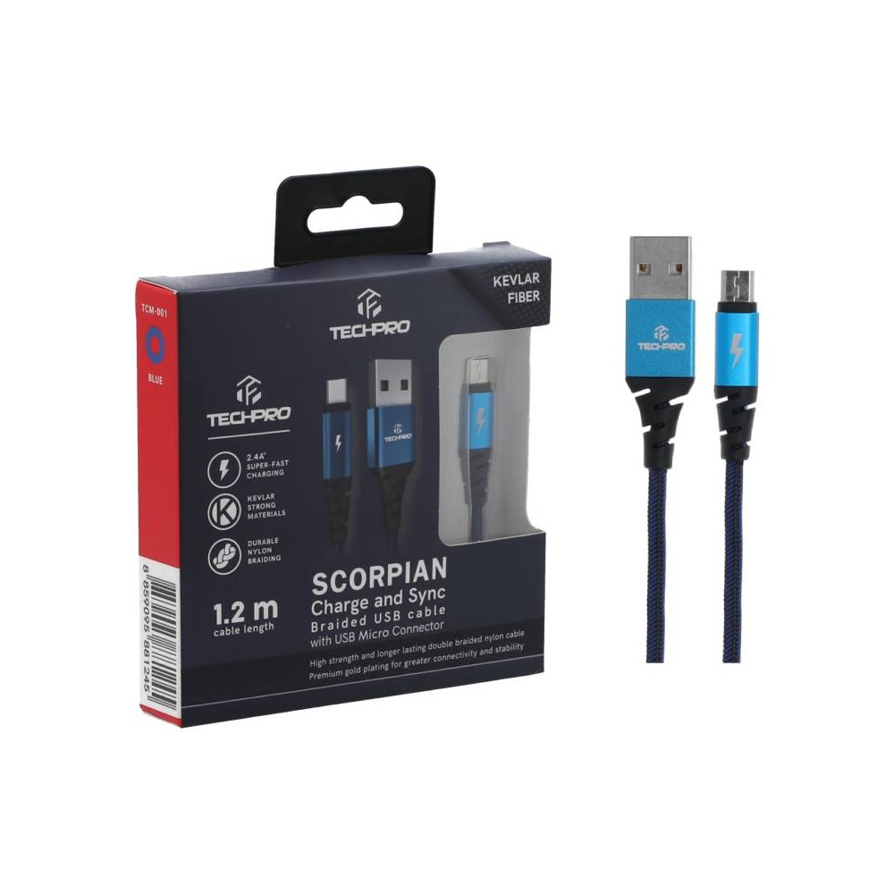 สาย Micro USB TECHPRO TCM-001 Kevlar Micro USB Cable Blue